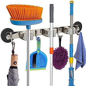 MUTUACTOR Magnetic Broom Holder,Non-slip Heavy Duty Broom and Mop Hanger Metal Tool Holder 3 Racks and 4 Hooks for Laundry Garage Kitchen Factories Workshops Organization and Storage(1 Set)