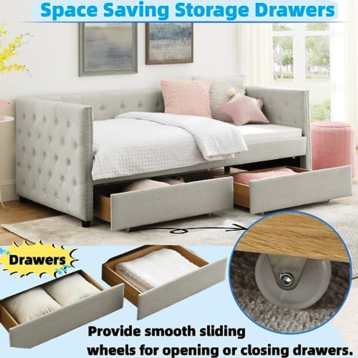 Linuque Upholstered Twin Size Daybed with Two Storage Drawers, Wood Linen Fabric Sofa Bed Frame with Button Tufted Armrest and Nailhead Trimming on Square Arms, Beige