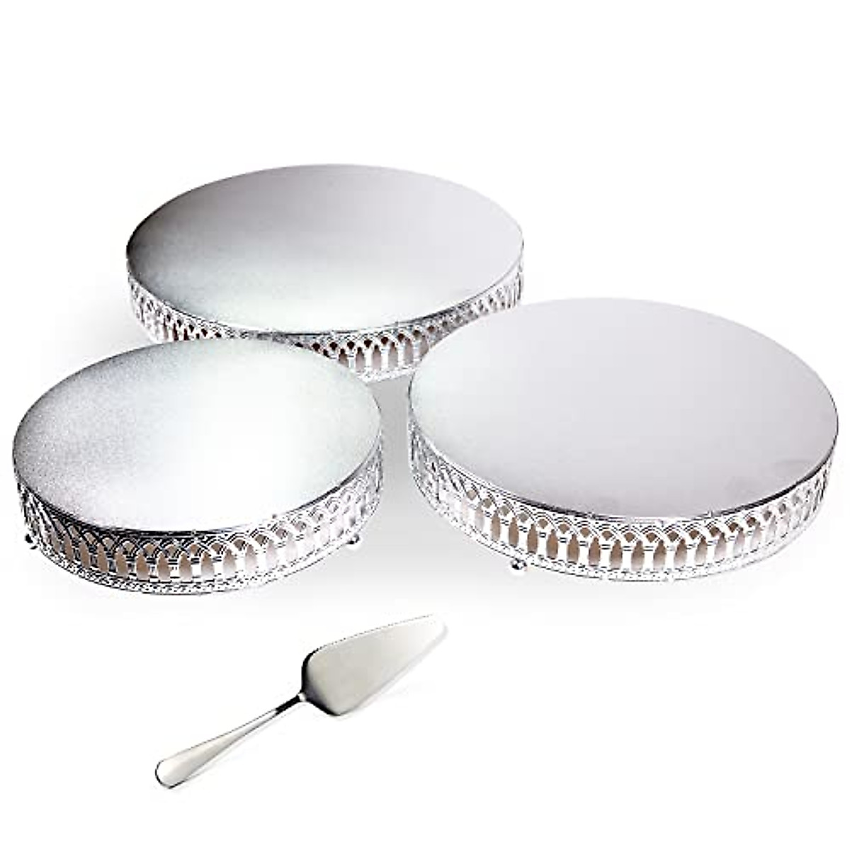 LINDLEMANN 3 Pack Decorative Cake Stands Metal Round Cupcake Holder Desserts Display Stand Set with Spatula for Birthday Celebration & Party Decorations (Silver, 10" | 12" | 13.5")