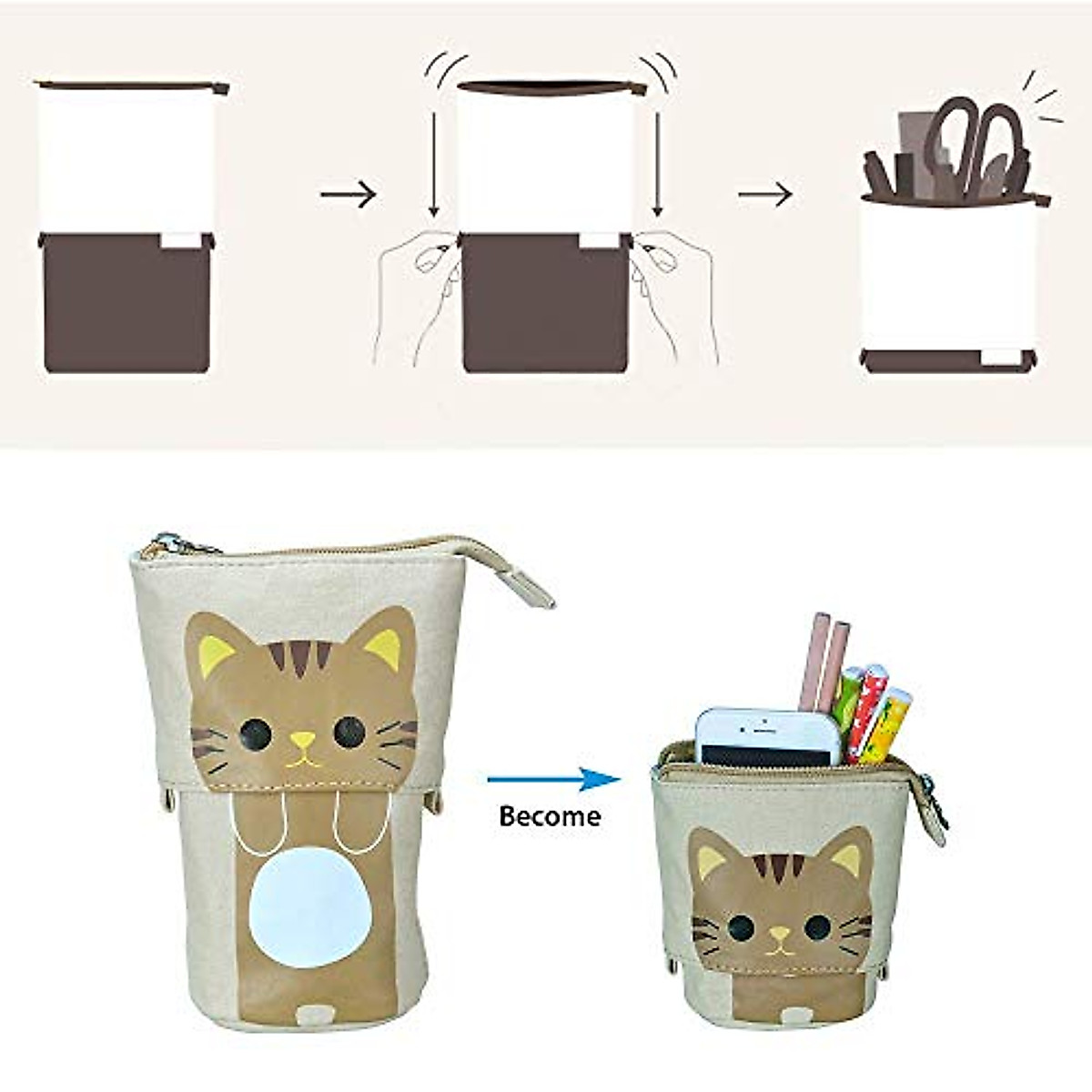 Oyachic Telescopic Pencil Holder Cat Pen Case Stand UP Cosmetics Organizer Pouch Zipper Box Bag with Inner Pocket