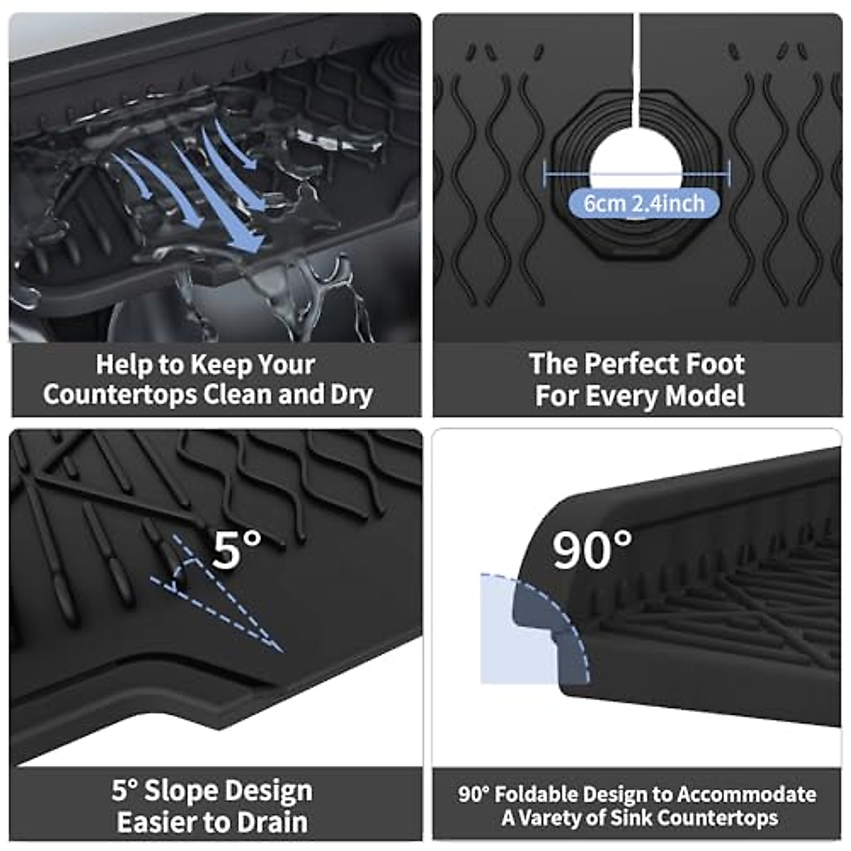 Kitchen Sink Splash Guard, Silicone Draining Mat Kitchen Faucet, 90° Foldable Design to Accommodate a Variety of Sink Countertops Black (17* 5.9)