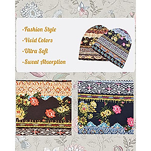 ELLEWIN Slouchy Beanie for Women Cute Floral Headwear Beanie Hats Thin Beanies Snood Hats Slouchy Retro Tribal Printed Hair Covering Thin Hippie Beanies Casual Skullies Beanies Dual Use Boho Hats