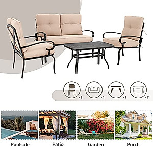 Crownland 4 Pieces Outdoor Furniture Patio Conversation Set (Loveseat, 2 Patio Dining Chairs, Coffee Table), Metal Frame is Suitable for Garden Yard Balcony (Brown)