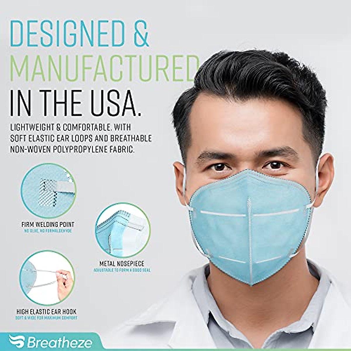 Breatheze 4 Ply Medical Isolation Face Mask Made in USA Level 3 Fluid Resistant FDA Registered Disposable Protective Face Cover with Nose Wire & Ear Loops - Thin Breathable - Box of 50 (5 Packs of 10)