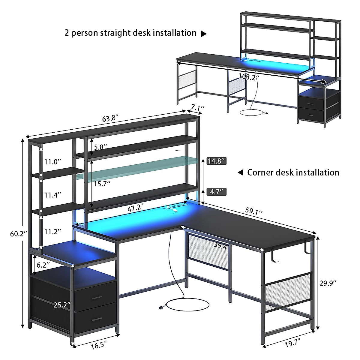 YOMILUVE L Shaped Desk with Drawers & Storage Shelves, Reversible Gaming Desk with Power Outlets, Corner Computer Desk with LED Lights & Hutch, Study Writing Workstation for Home Office (Black)