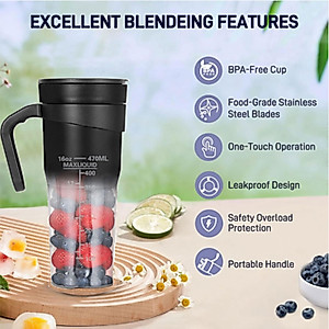 Portable Blender, Personal Blender for Shakes and Smoothies, 16 oz Personal Size Blender, Smoothie Blender with 6 Blades, BPA Free, USB Rechargeable, Juicer Blender with Straw, Black
