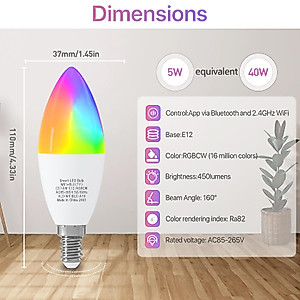 ORALUCE Smart Light Bulb Work with Alexa & Google Home, C37 E12 LED Light Bulb 40W Equivalent, 2.4GHz WiFi & Bluetooth Color Changing APP Dimmable, Multicolor LED Bulb 450 Lumens,2P