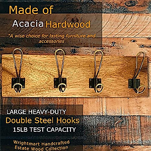 WRIGHTMART Handmade Acacia Hardwood Coat Rack with 4 Hooks, Durable Rustic Wall Mount, Versatile Hanger for Entryway, Bedroom, Bathroom, Farmhouse Boho Decor, 18" Natural Finish
