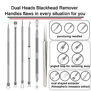 Pimple Popper Tool Kit, 6 Pcs Blackhead Remover Acne Needle Tools Set Removing Treatment Comedone Whitehead Popping Zit for Nose Face Skin Blemish Extractor Tool - Silver