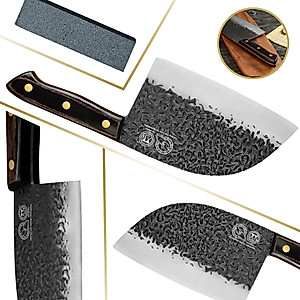 XYJ FULL TANG 7-inch Serbian Butcher Knife Multipurpose Chinese Chef Knives High Carbon Stainless Steel Meat Knives Heavy Duty Blade With Leather Sleeves For Home Outdoor &Camping