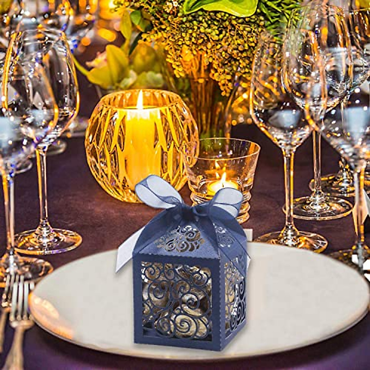 KPOSIYA 70 Pack Wedding Favor Boxes Laser Cut Boxes Party Favor Box Small Gift Boxes Lace Candy Boxes for Wedding Bridal Shower Baby Shower Birthday Party Anniverary with Ribbons (Navy, 70)