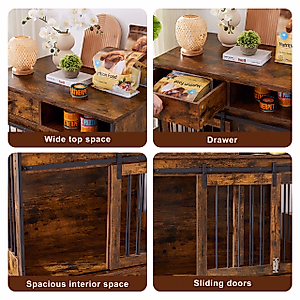 Lostcat Dog Crate Furniture with Sliding Barn Door, with Drawer and Storage,35in Rustic Style Decorative Dog Cage,Wooden Dog Kennel End Table, Easy Assembly,for Small Medium Dog(Rustic Brown)