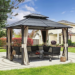 Metal Gazebo 10x12 Ft W/Double Roof, Anti-Rust Coating Permanent Iron Hardtop Outdoor Waterproof Pergola w/Curtains & Netting, Steel Hard Top Gazebo for Patio Backyard Garden Lawn Deck, w/Hook Design