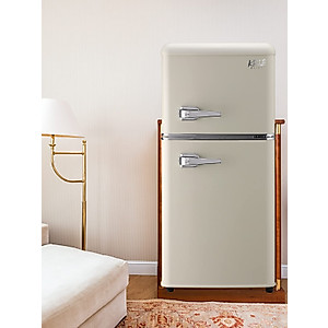 KRIB BLING Retro Refrigerator with Freezer 3.5 Cu.Ft with 7 Level Adjustable Thermostat Control 2 Door Energy Saving Top-Freezer Compact Refrigerator Cream