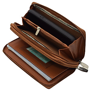 MARSHAL Genuine Leather Womens RFID Blocking Security Double Zip-around Indexer Phone Wallet (Tan)