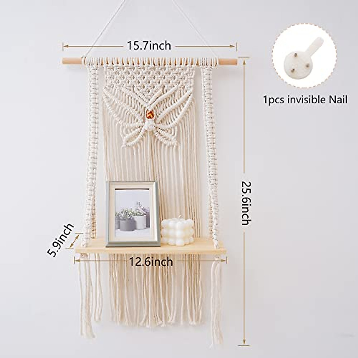 BIGEBO Macrame Wall Hanging Shelf, Handmade Hanging Shelves Floating Wood shelve Butterfly Wall Decor for Bedroom Living Room Boho Bathroom Decor Plants (White)