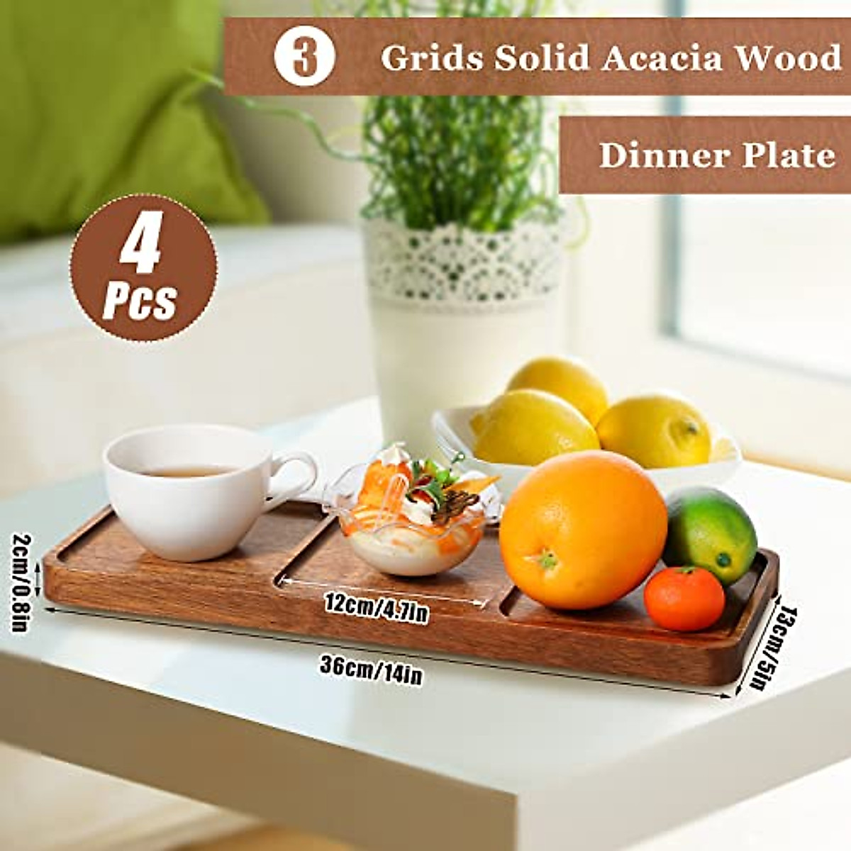 4 Pcs Solid Acacia Wood Serving Trays 14 x 5 Inch 3 Grids Rectangular Wooden Serving Platters for Home, Food, Vegetables, Fruit, Cheese, Appetizer Serving Tray, Charcuterie Board