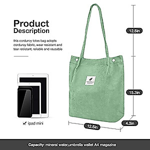 Corduroy Tote Bags for Women Girls, Large Capacity Reusable Grocery Shoulder Bag with Inner Pockets (Bean)…, Green