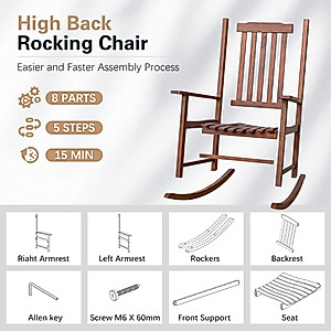 Greesum Outdoor Rocking Chair, Acacia High Back Oversized All-Weather Lounge Rocker with 320 lbs of Support for Patio, Garden, Deck, Porch,Brown