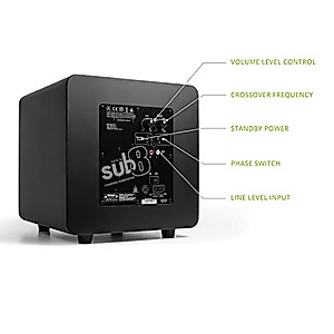Kanto sub8 Powered Subwoofer – 8” Paper Cone Driver — Powerful Bass Extension – Matte Black