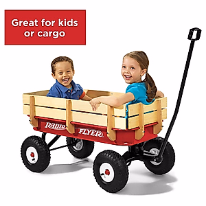 Radio Flyer Full Size All Terrain Classic Steel Pull Along Wagon with Foldable Handle and Wooden Stake Sides for Kids and Cargo, Red