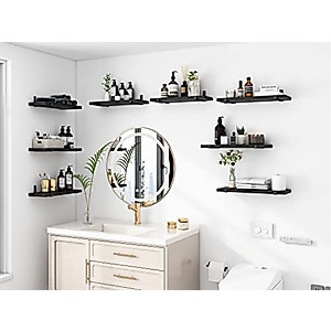 YGEOMER Floating Shelves, Wood Shelves, Long Wall Shelf, Set of 8, Rustic Wall Shelves, Wood Floating Shelf for Bedroom, Living Room, Book and Bathroom (Black)