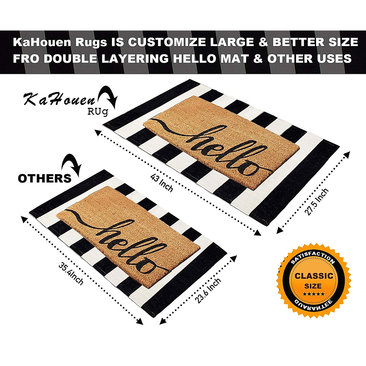 KaHouen Cotton Black and White Striped Rug (27.5 x 43 Inches), Washable Hand-Woven Stripe Outdoor Front Door Mat for Layered Door Mats/Porch/Kitchen/Bathroom/Laundry Room.