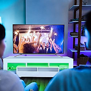 TV Stand with LED Lights for 60/65/70 Inch TV, Modern Gaming Entertainment Center, High Gloss Television Stands Media Console with Glass Shelves and 2 Drawers for Living Room, Bedroom, White