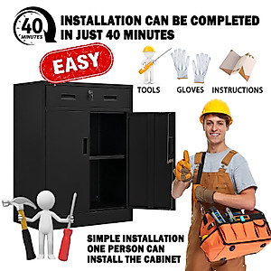 TaskStorz Metal Garage Storage Cabinets，Metal File Cabinet with 1 Locking Drawers, Lockable Storage Cabinets for Office, Home, Garage, Warehouse 36.2" H x 27.6" W x 15.7" D (Black)