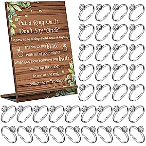 Put a Ring on It Bridal Shower Game with 100 Pcs Metal Fake Rings, Rustic Greenery Bridal Shower Favors Not Say Bride Rules Wedding Shower Games Wooden Bridal Shower Gifts for Guests (Silver)