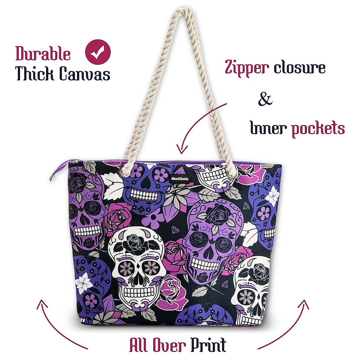 Skullistic Sugar Skull Purple Shoulder Bag - Beach, Travel & Gym, Thick Canvas, L18.5 x H13.5 x W5