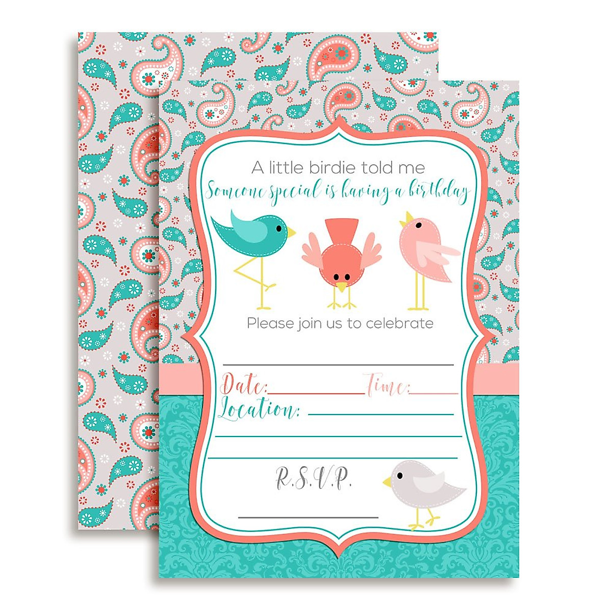 A Little Birdie Told Me Themed Birthday Party Celebration Invitations, 20 5x7 Fill In Cards with Twenty White Envelopes by AmandaCreation