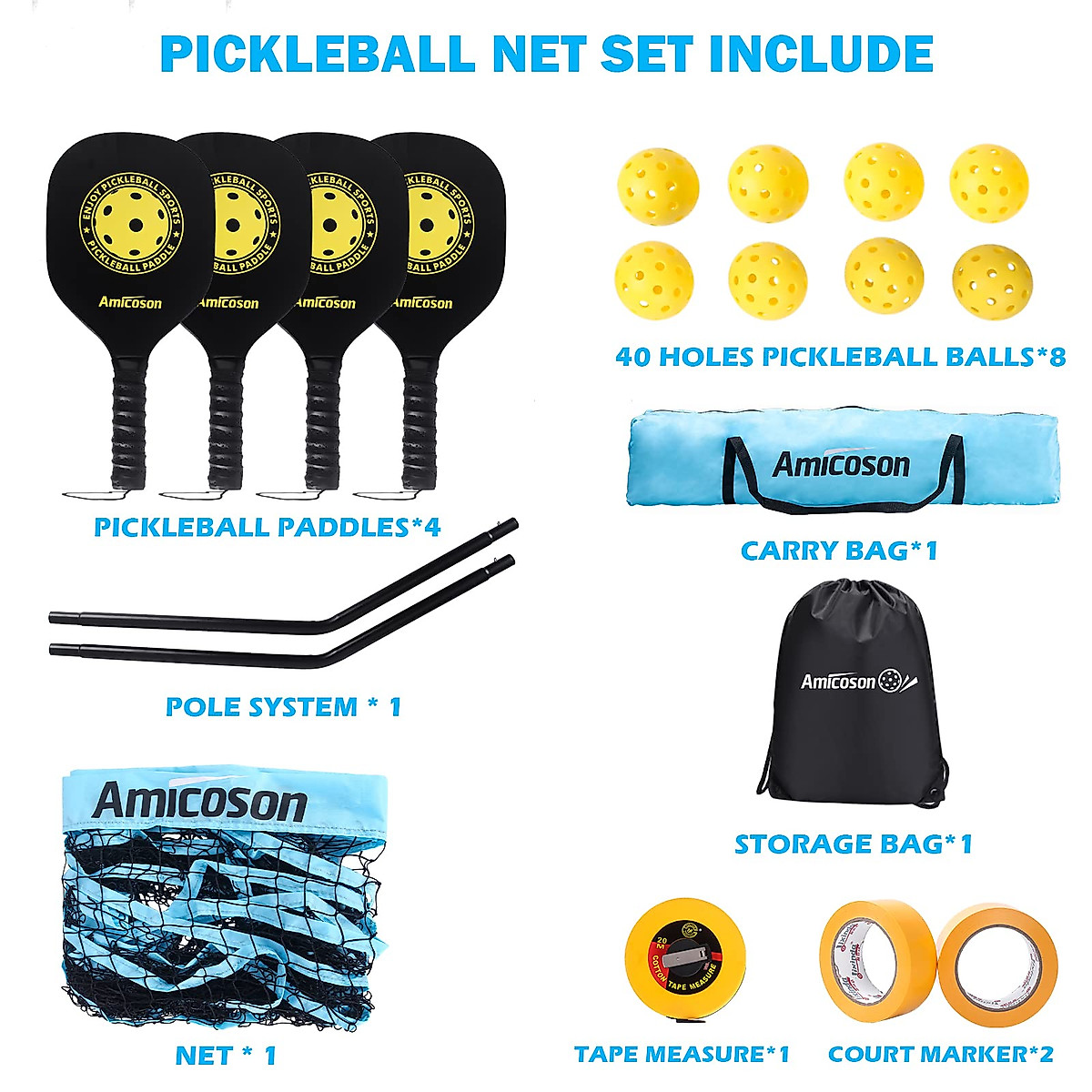 Amicoson Pickleball Set with 22FT Net, 4 Wooden Paddles, 8 Balls, 1 Carrying Bag, 1 Backpack, 2 Rolls of Court Tape & 1 Measuring Tape