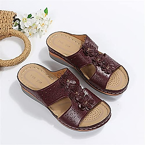Ladies Fashion Retro Solid Leather Flower Decorative Open Toe Thick Sole Sandals Summer Sandals for Women (Wine, 8)