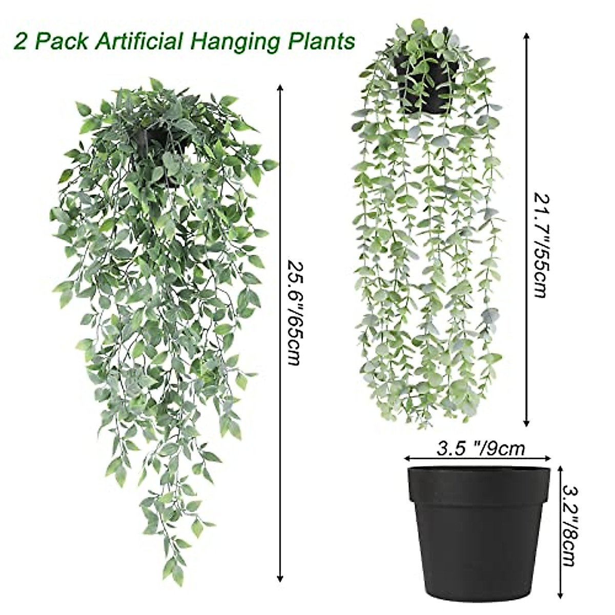 JPSOR Fake Hanging Plants, 2 Pack Artificial Fake Potted Greenery Faux Eucalyptus Mandala Vine in Pot for Home Wall Shelf Indoor Outdoor Decor