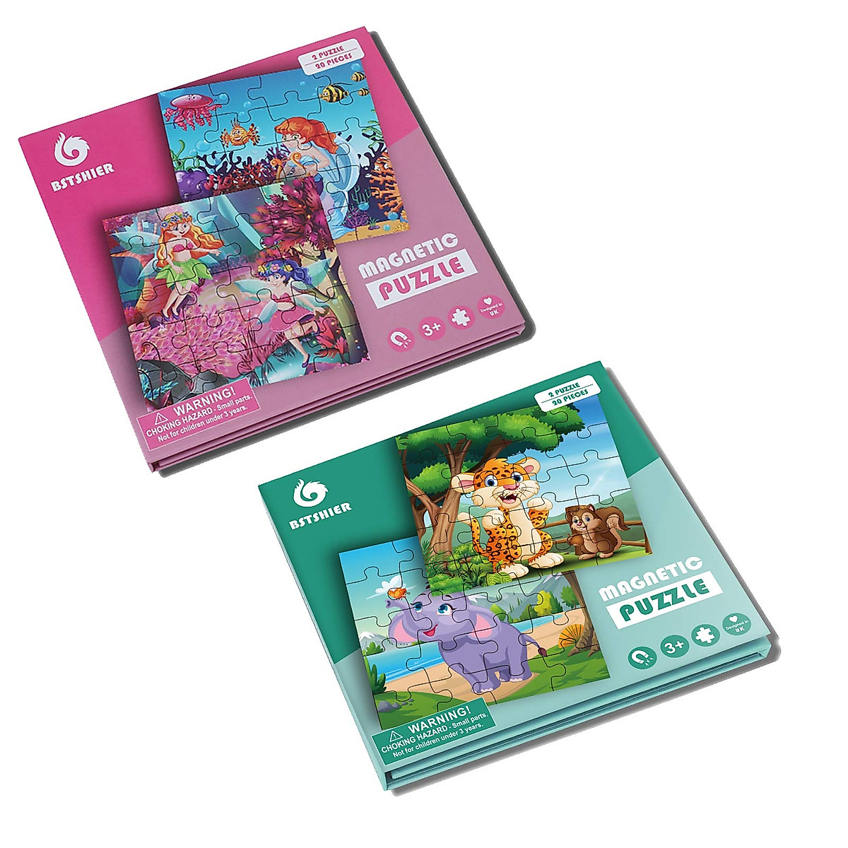 2 Set BST SHIER Magnetic Puzzles for Kids Ages 3 4 5 6, TWO-20 Piece Mermaid Animal Wooden Jigsaw Puzzles Book for Toddlers, Preschool Educational Toys for 3 4 5 6 Year olds Boys and Girls