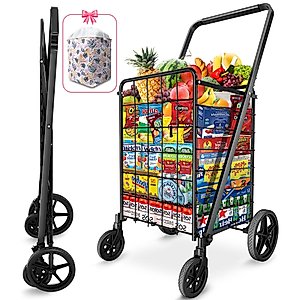 AOSION Folding Shopping Carts for Groceries,220lb,Grocery Cart with 360° Rolling Swivel Wheels, Collapsible Rolling cart,Portable Utility Cart with Shopping Liner for Laundry Luggage Office
