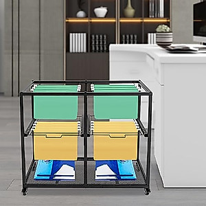 2 Tiers 4 Compartments Rolling File Carts with Wheels, Heavy Duty Rolling Pull-Out File Folder Rack Drawer File Cabinet for Home Office, Hanging Files for Letter Size