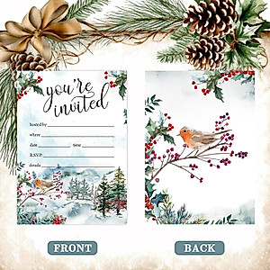 Whaline 25 Pack Christmas Party Invitation Cards Winter Woodland Robin Invitation Paper Cards with Dark Red Envelopes Xmas Holiday Watercolor Animals Party Invites