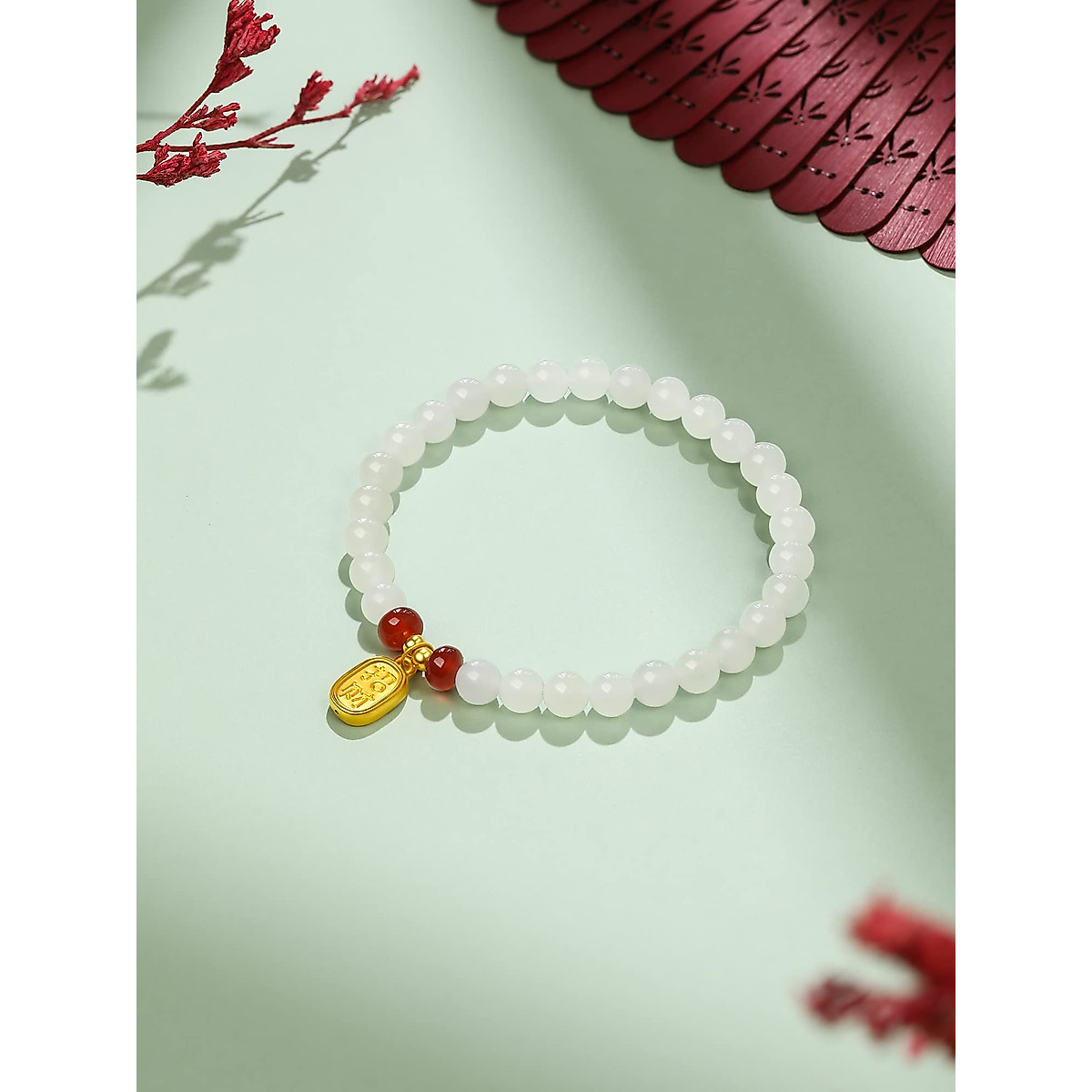 ZHOU LIU FU 24K Solid Gold Bracelets, Real Pure Gold Jewelry White Nephrite Jade Beaded Bracelets Dainty Gold Fortune Plate for Women Men Teen Girls