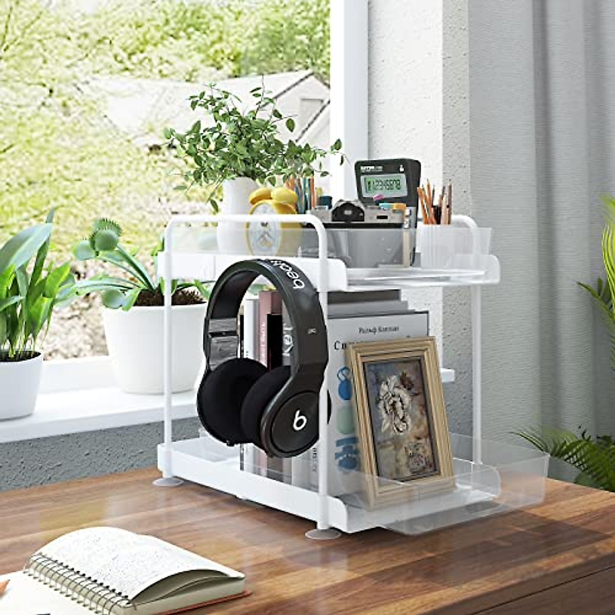 Alwytlon Pull Out Under Sink Organizer, Sliding Cabinet Basket Organizer, 2 Tier Clear Under Bathroom Storage Rack with Hooks, Multi-purpose Storage Shelf for Bathroom Kitchen, transparent & White