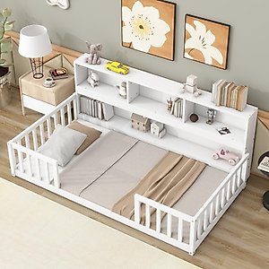 Twin Size Floor Bed with Bedside Bookcase and Shelves, Multifunctional Platform Bed with Guardrails, Wood Captain Bed with Storage Headboard, Low Floor Bed for Kids Teens (White * Twin,Guardrails)