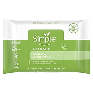 Simple Sensitive Skin Experts Kind To Skin Cleansing Facial Wipes, Waterproof Mascara Remover, Even Softer, 25 Count, (4 Pack)