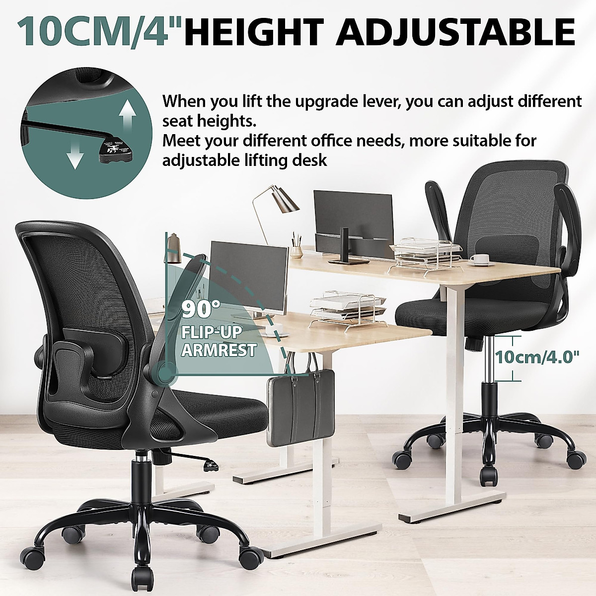 Winrise Office Chair Ergonomic Desk Chairs with Lumbar Support and Flip-up Arms, Comfortable Breathable Mesh Computer Executive Chair with Swivel Task, Adjustable Height 4'', Home - Black