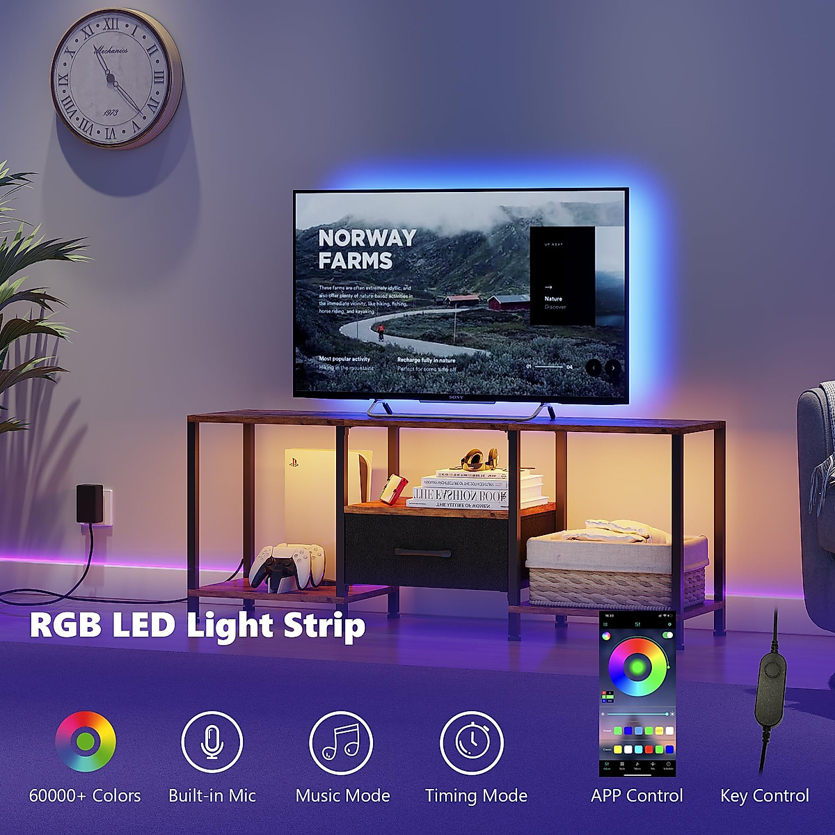 JARHETUN TV Stand with LED Lights, Entertainment Center with Open Shelves and Fabric Drawer, Media Console for 55 Inch TV, Television Stands, Living Room Furniture, Bedroom, Rustic Brown