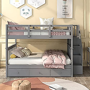 Harper & Bright Designs Full Over Full Bunk Bed with Stairs, Solid Wood Bunk Bed with Storage Drawers for Kids Teens Adults (Gray)
