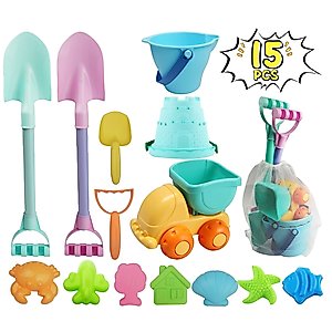 IOKUKI Long Shovels Sand Toys Set with Mesh Bag Including Dump Truck, Beach Buckets, Shovels, Rakes, Molds, Outdoor Beach Toys Tool Kit for Kids, Toddlers, Boys and Girls (15 PCS) Age 3+