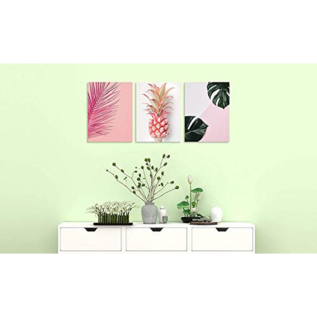 TutuBeer Plant Wall Art with Pink Pineapple at Pink Background Tropical Wall Decor Green Plant Art 12" x 16" x 3 Pieces Canvas Pictures Prints Artwork Ready to Hang for Home Decoration Wall Decor