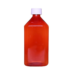 Plastic Liquid Medicine Bottle 16 oz (Case of 50 Bottles), Child Resistant Cap, Amber PET Airtight Pharmacy Bottle 16 oz, Push Down and Turn Cap, Waterproof, Reusable and Recyclable, Oval Bottles