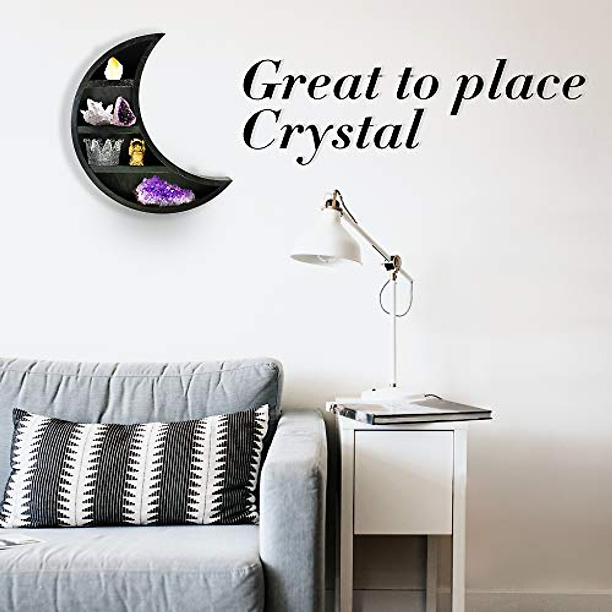 TopMoon Wooden Moon Shelf - Black Moon Decor for Bedroom, Bathroom, Living Room - Hanging Crescent Moon Shelf for Crystals, Stone Display - Moon Shaped Wall Decor for Essential Oil, Perfume - 14"x12"